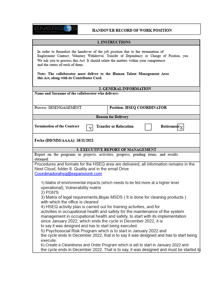 HSEQ Coordinator Handover Record | PDF | Occupational Safety And Health ...