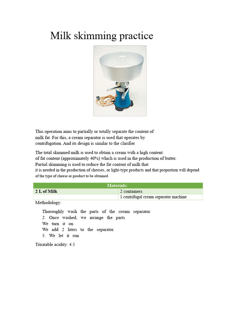 Milk Skimming Practice | PDF | Cream | Milk