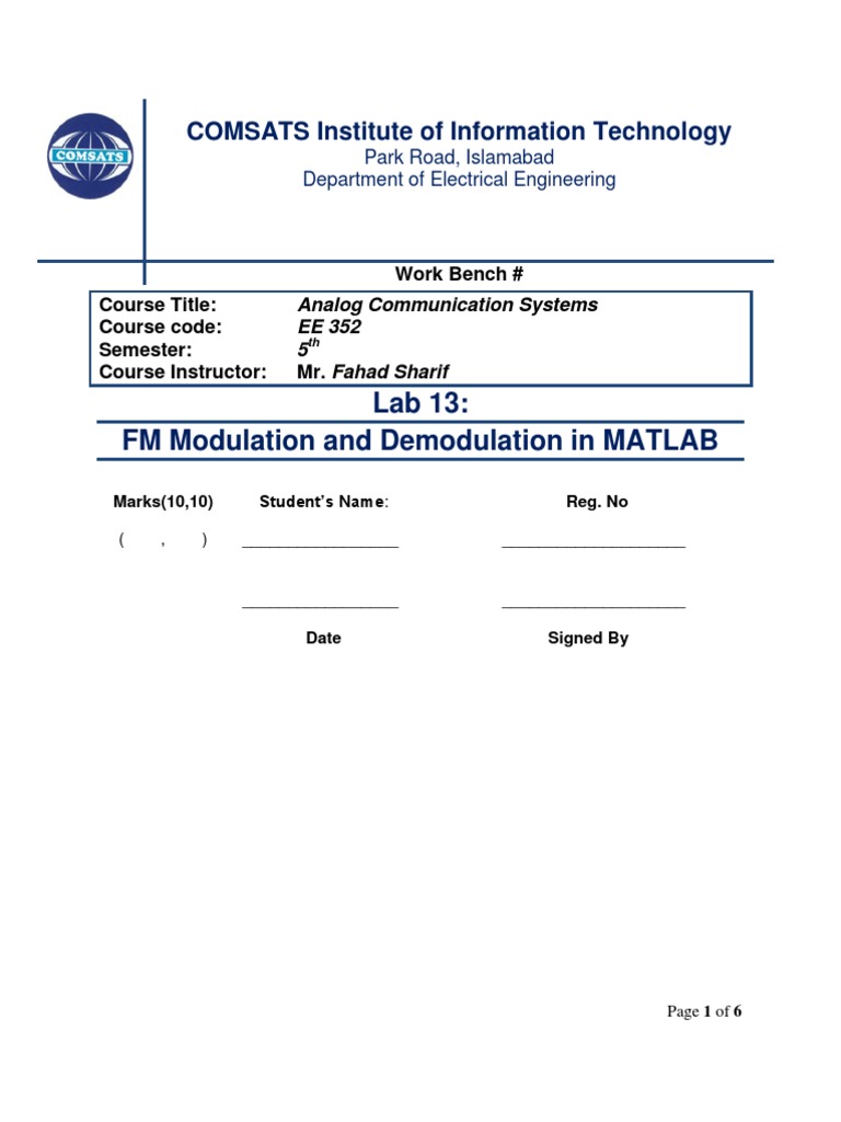 Lab 13 - FM Modem in Matlab | PDF | Frequency Modulation ...