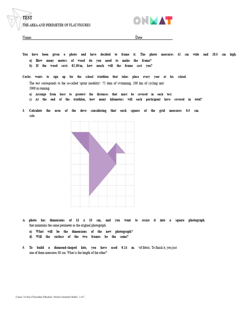 Area and Perimeter Test for Geometry | PDF | Area | Geometry