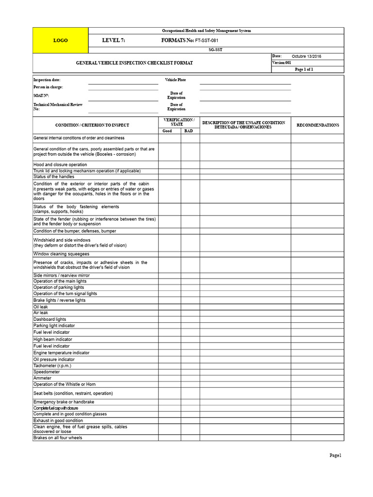 Vehicle Inspection Safety Checklist | PDF | Truck | Vehicles