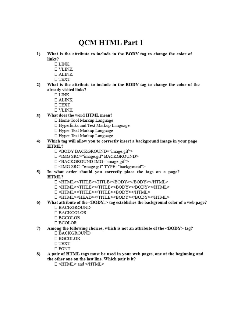 HTML Multiple Choice Questions | PDF | Html Element | Hyperlink