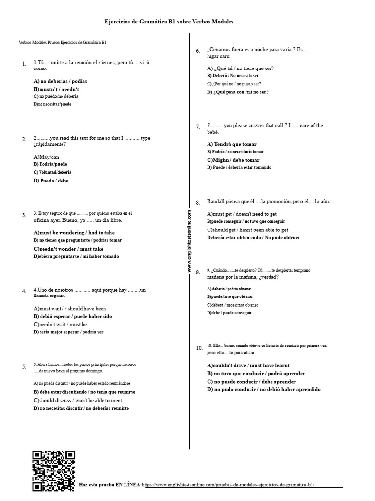 Ejercicios B1 de Verbos Modales | PDF