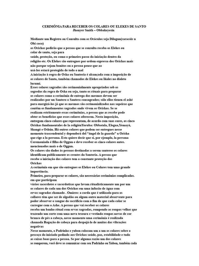 Cerimônia para Receber Os Colares Ou Elekes de Santo | PDF | Rituais ...