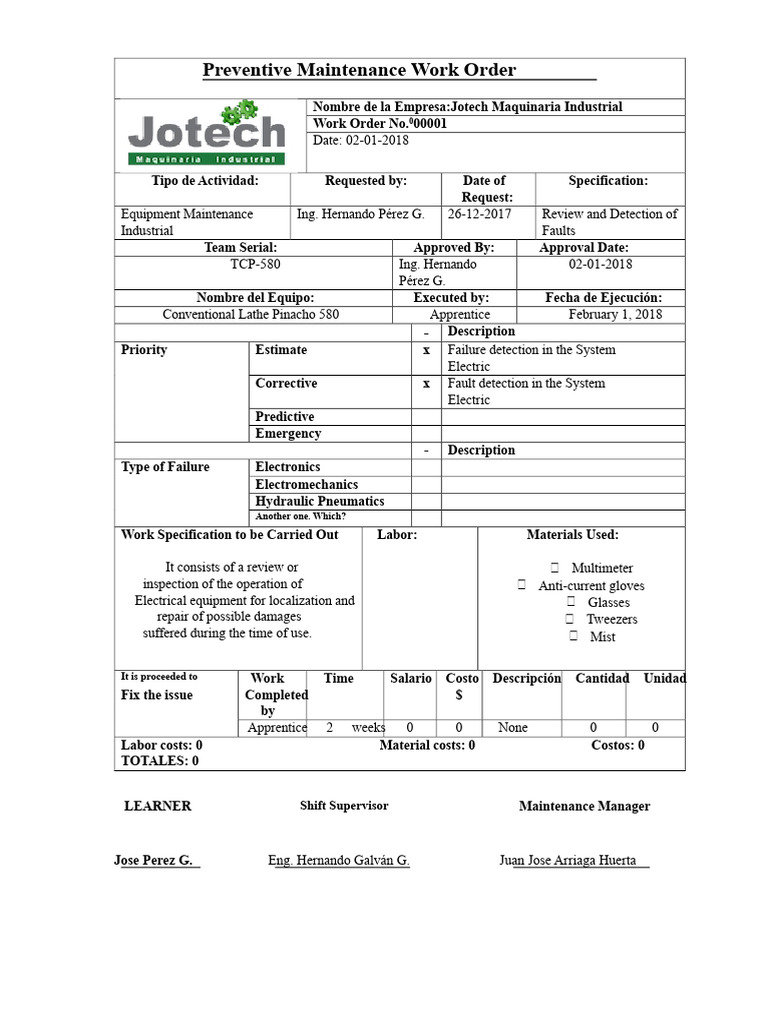 Preventive Maintenance Work Order | PDF | Mechanical Engineering