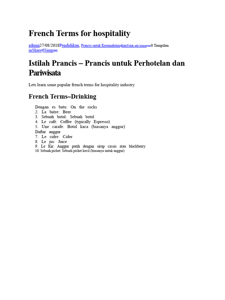 Istilah Perhotelan Dalam Bahasa Prancis | PDF