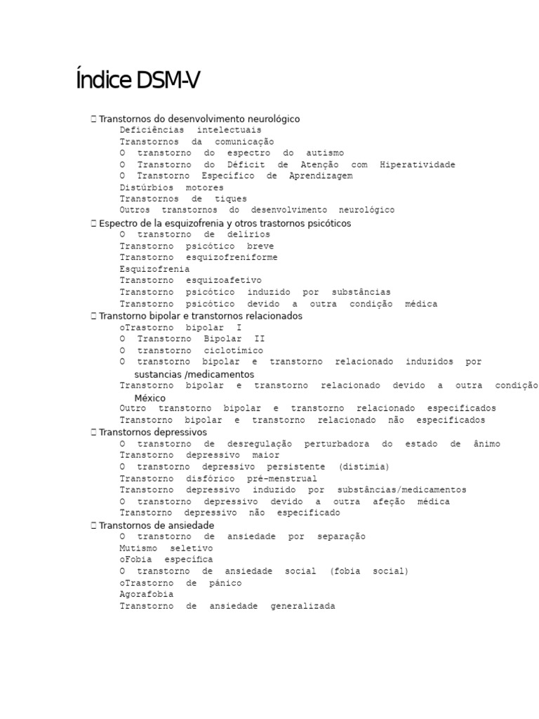 Índice DSM V | PDF | Distúrbio mental | Depressão