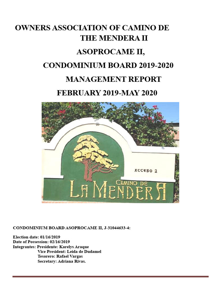 Management Report of The ASOPROCAME II Condominium Board 2019-2020 ...
