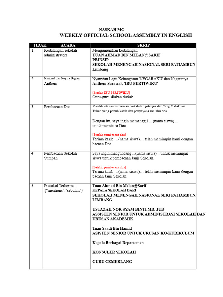 Naskah MC Rapat Sekolah Mingguan | PDF