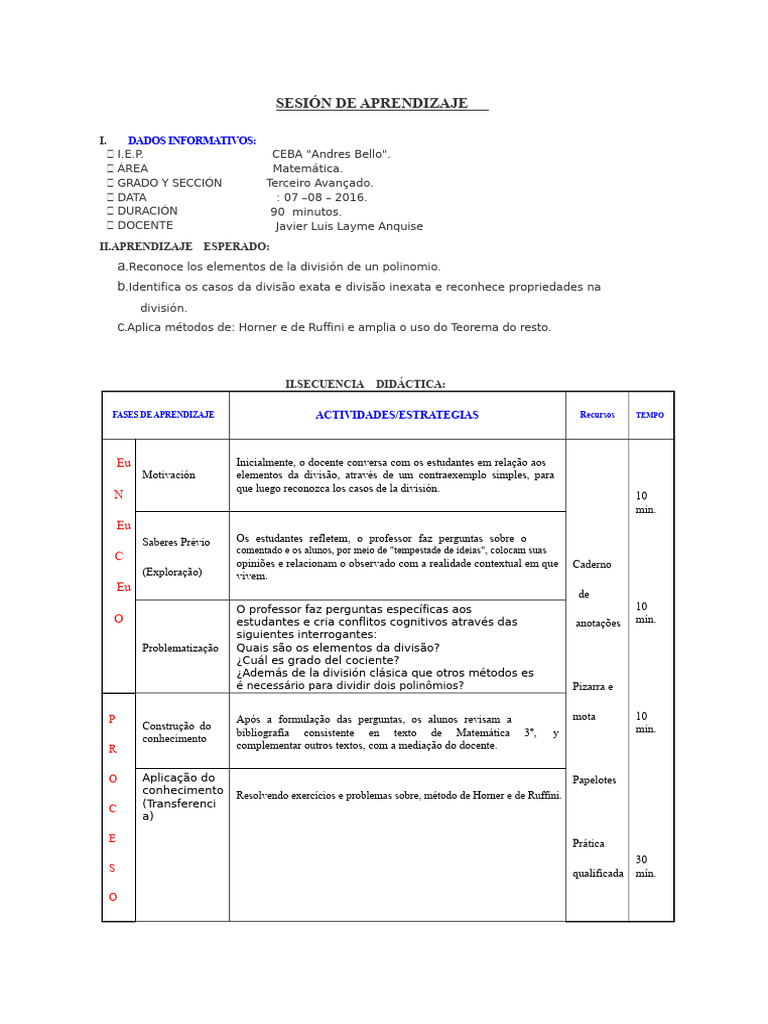 Sessão de Aprendizagem Divisão de Polinômios | PDF | Aprendizado ...
