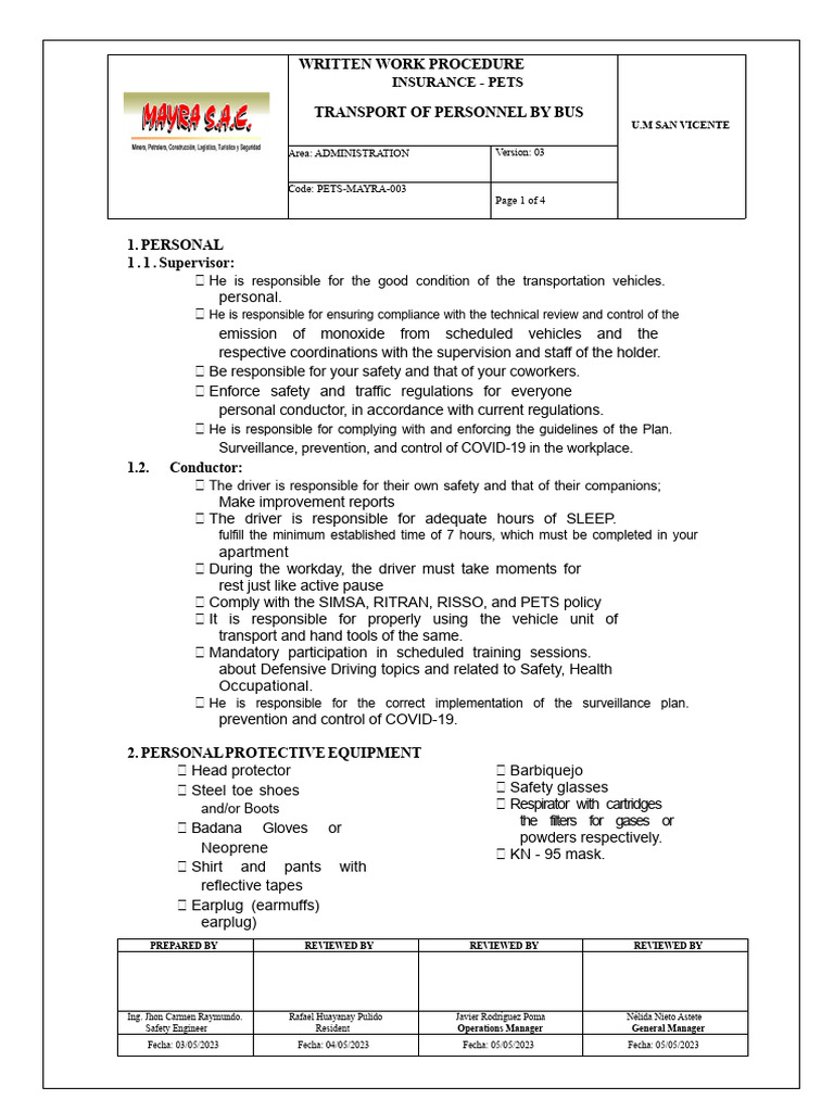 Pets 003-2023 Transportation of Personnel by Bus | PDF | Safety | Bus