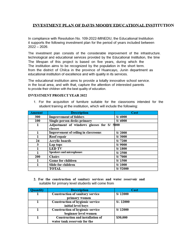 Investment Plan of The Educational Institution | PDF | Classroom