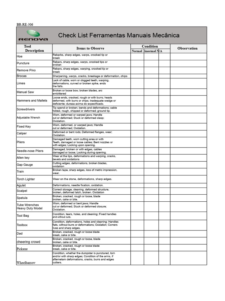 Mechanical Tools Checklist | PDF | Tools | Metalworking
