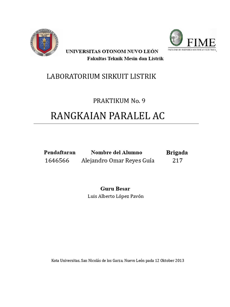 Praktik 9 Rangkaian Paralel AC; Alejandro Reyes Mat 1646566 | PDF