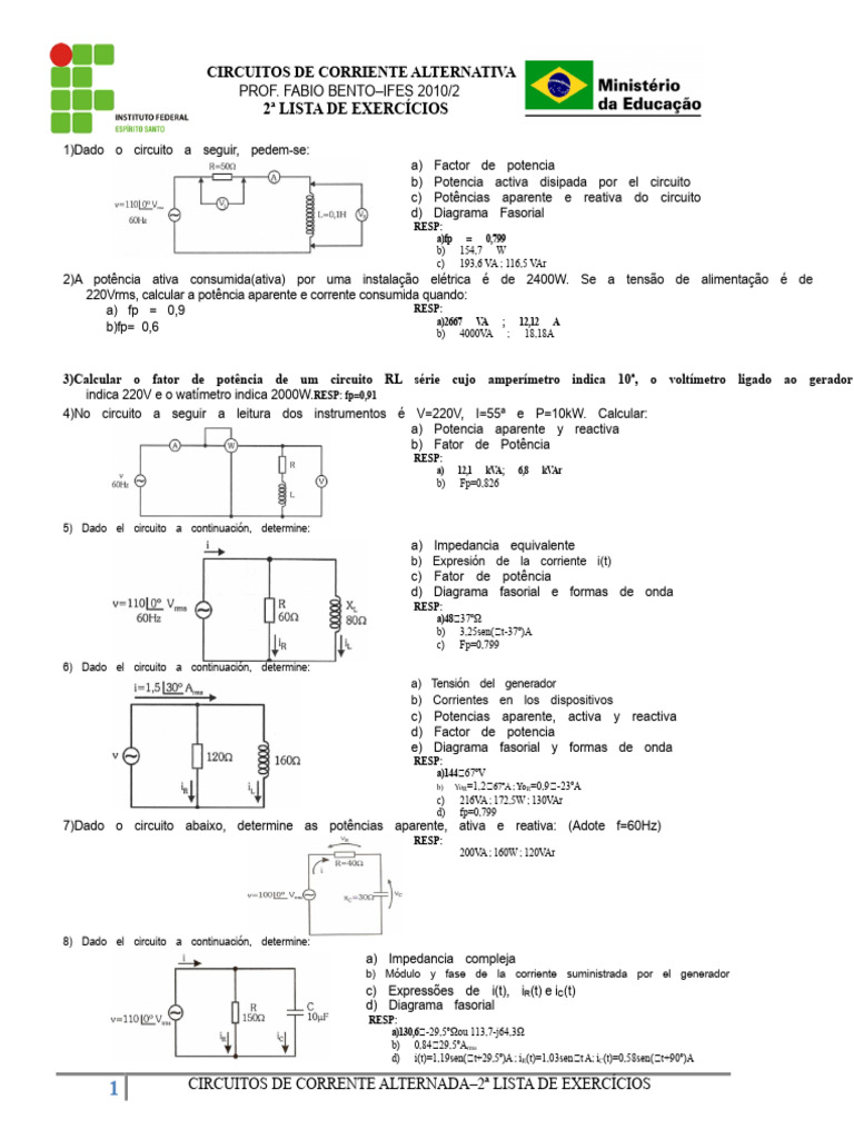 Lista de ejercicios de Circuito de Corriente Alterna | PDF | Energia elétrica | Rede elétrica