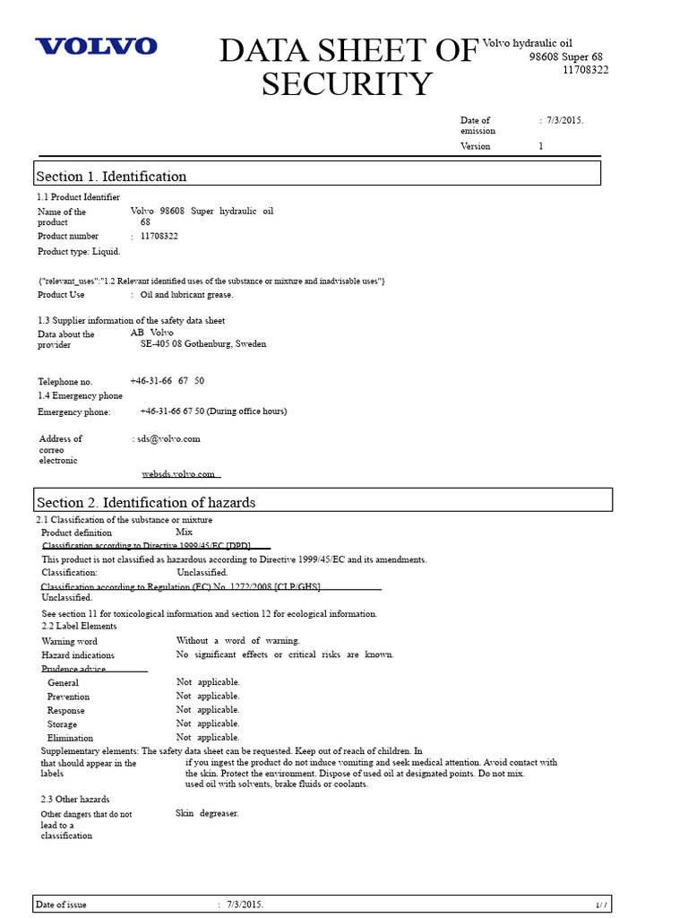 Volvo 98608 Super Hydraulic Oil Data Sheet | PDF