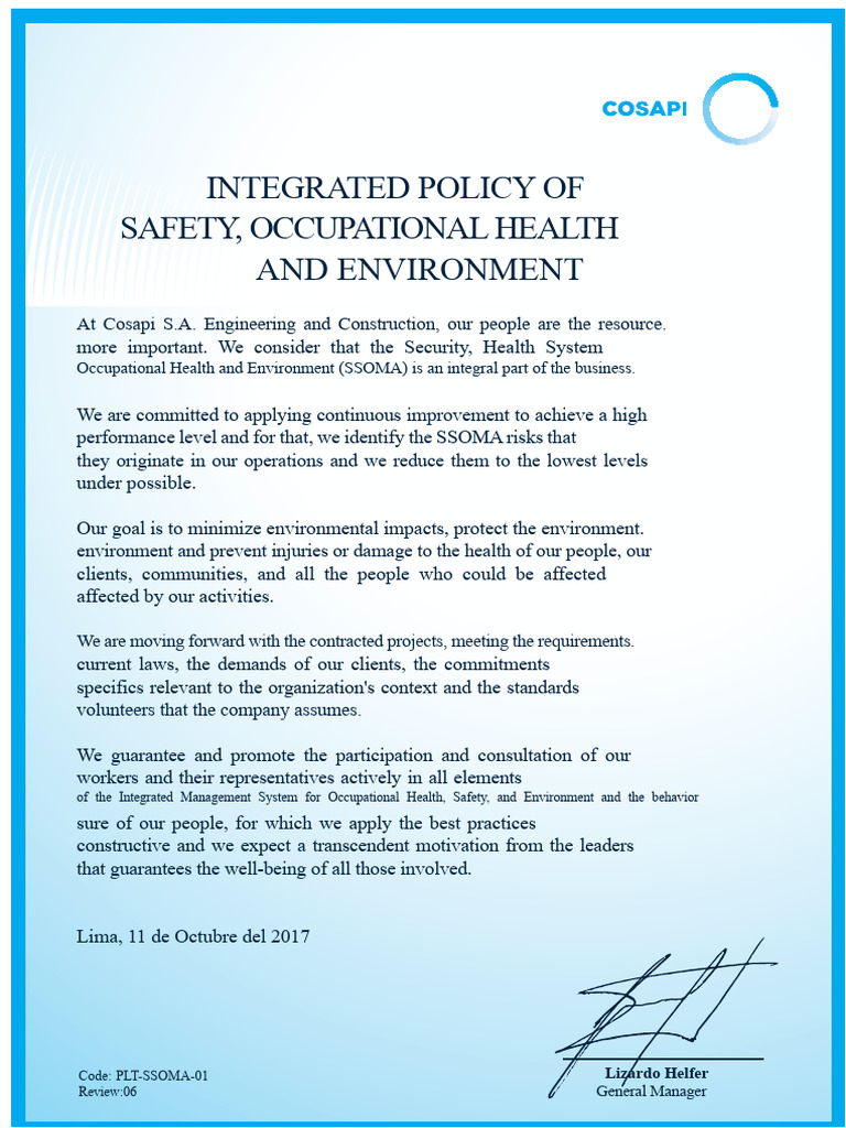 Integrated Policy On Health, Safety, and Environmental Management | PDF