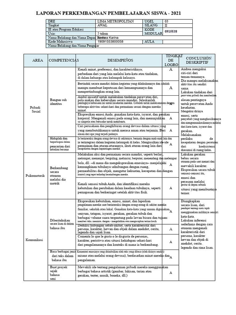 Model Laporan Kemajuan Anak 5 Tahun | PDF