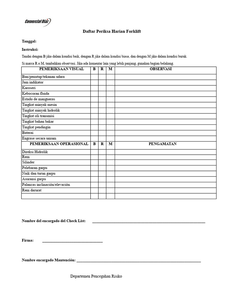 Daftar Periksa Harian Forklift P2H | PDF
