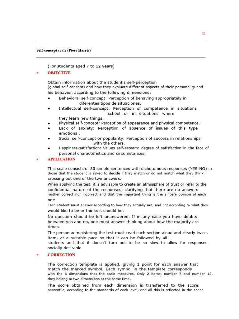 Piers Harris Self-Concept Scale for Kids | PDF | Self Concept | Social ...
