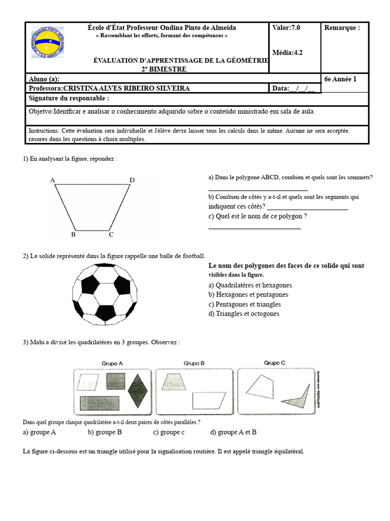 Évaluation (triangles et quadrilatères) | PDF | Polygone | Triangle