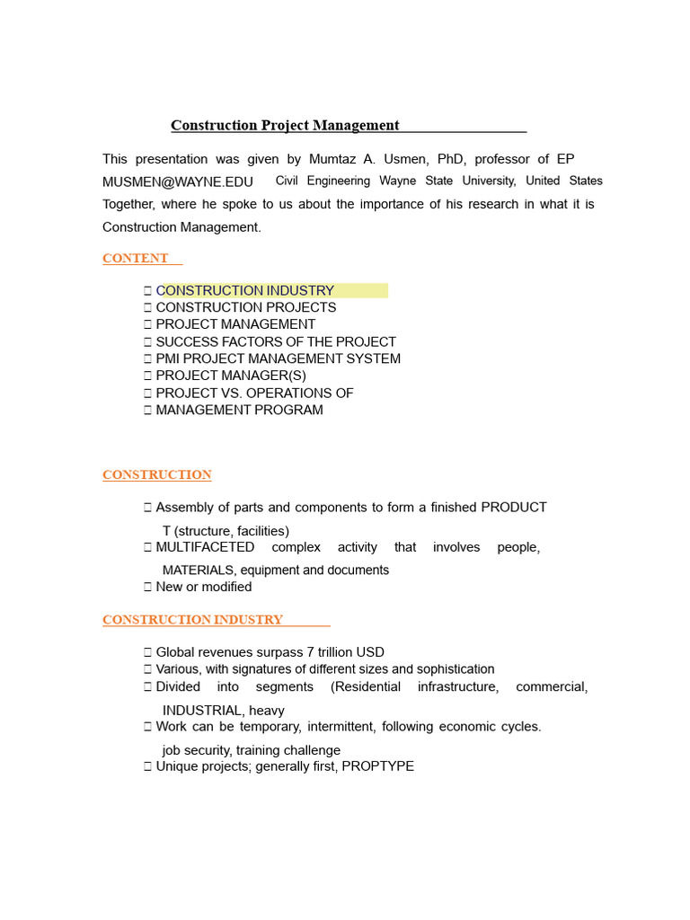 Construction Project Management Overview | PDF | Occupational Safety ...