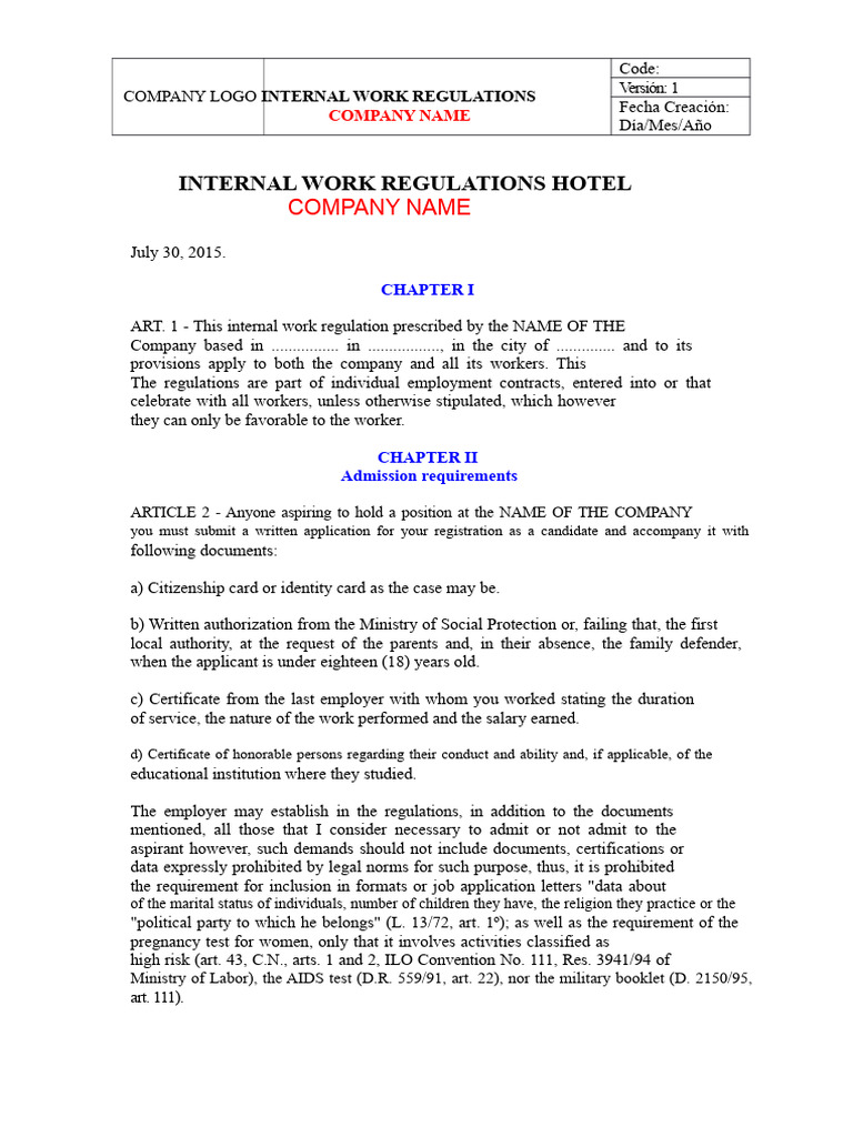Internal Work Regulations for Hotel Staff | PDF | Salary | Employment