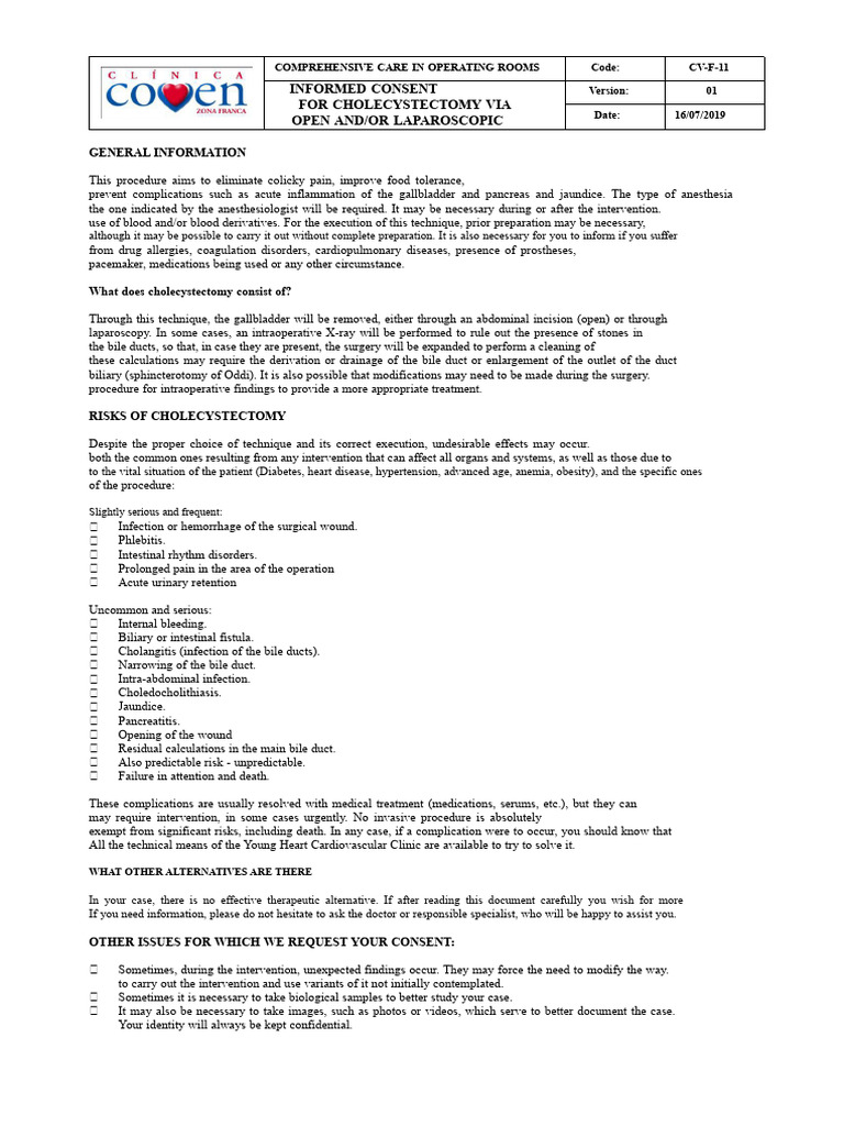 Informed Consent For Open And/or Laparoscopic Cholecystectomy | PDF ...