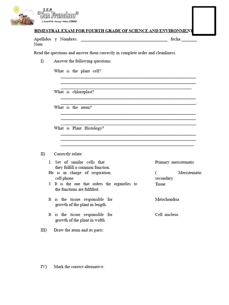 Fourth Grade Science Exam Template | PDF | Atoms | Cell (Biology)