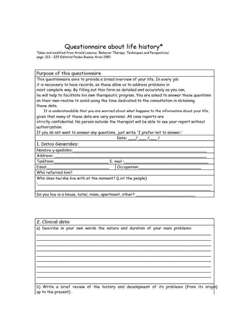 Questionnaire About Life History | PDF | Psychotherapy
