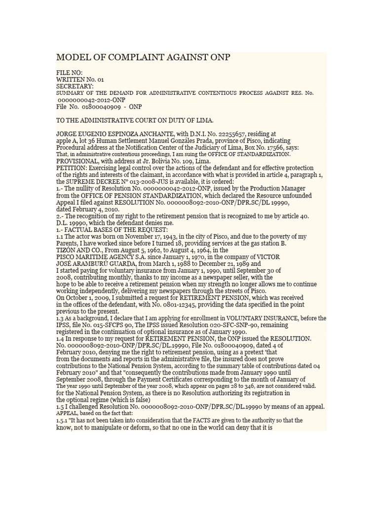 Model of Complaint Against ONP | PDF | Lawsuit | Justice