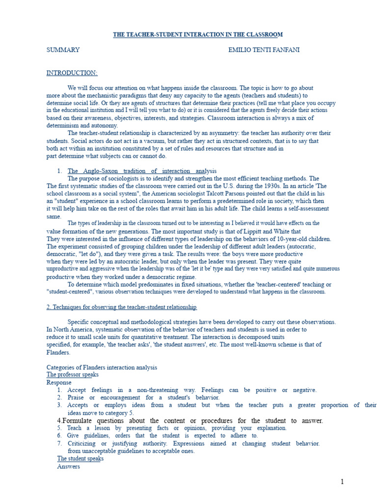 The Teacher-Student Interaction in The Classroom | PDF | Experience ...