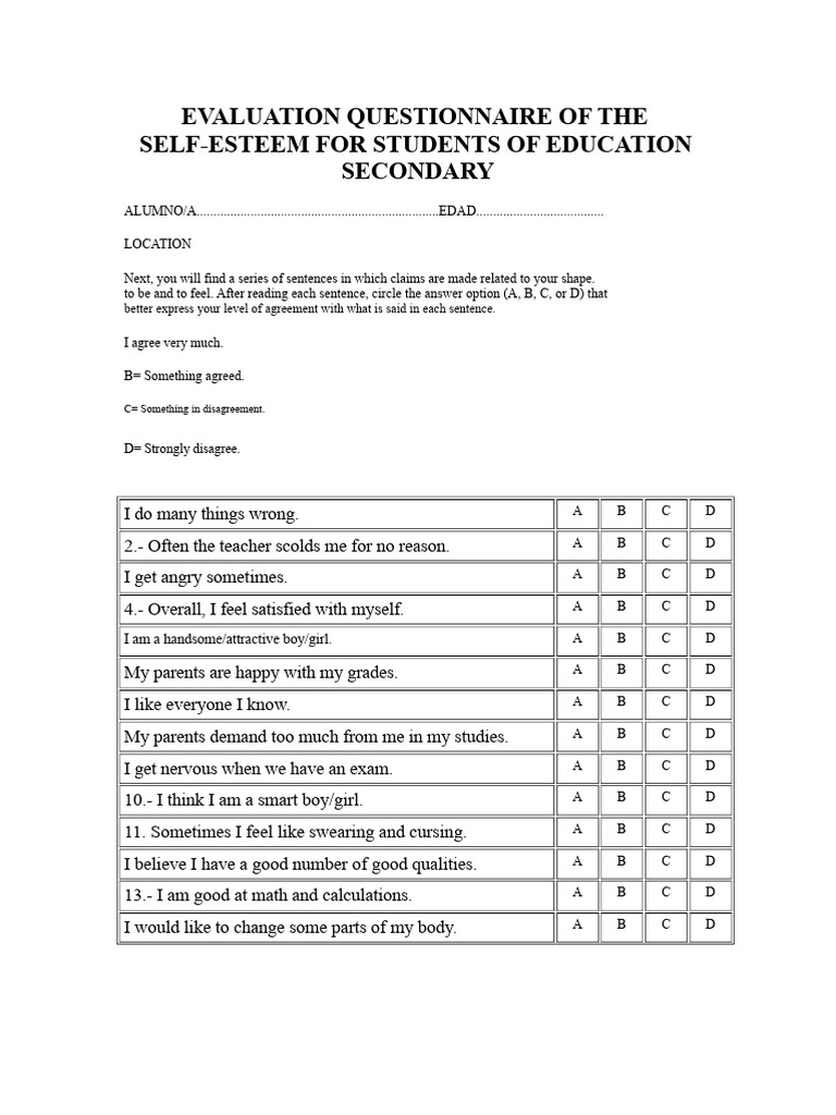 Self-Esteem Assessment Questionnaire For Secondary Education Students | PDF | Self Esteem ...