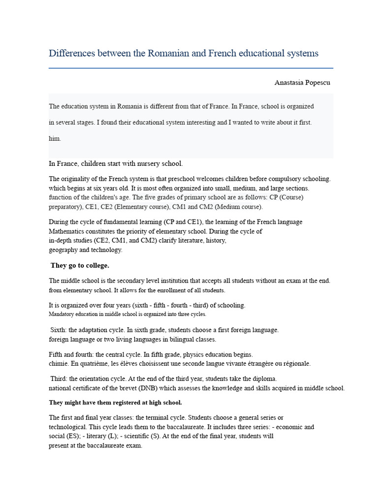 Romanian vs. French Education Systems | PDF | Middle Schools ...