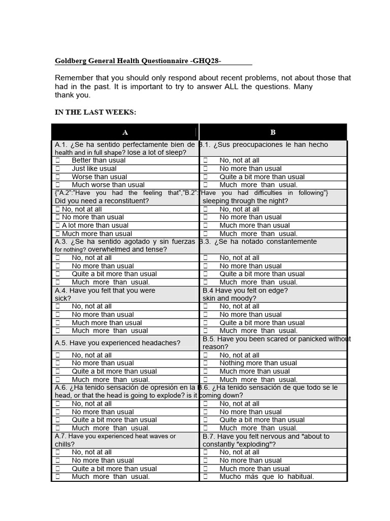 Goldberg Health Questionnaire | PDF | Behavioural Sciences | Mental Health