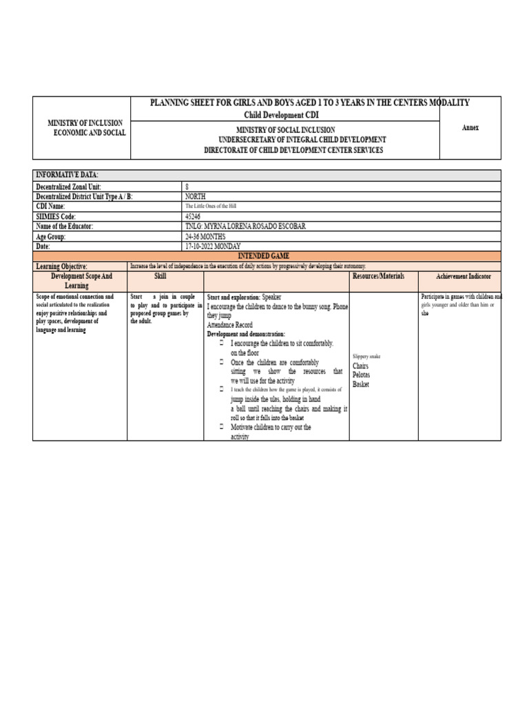 Planning Sheet for Child Development Activities | PDF | Child ...