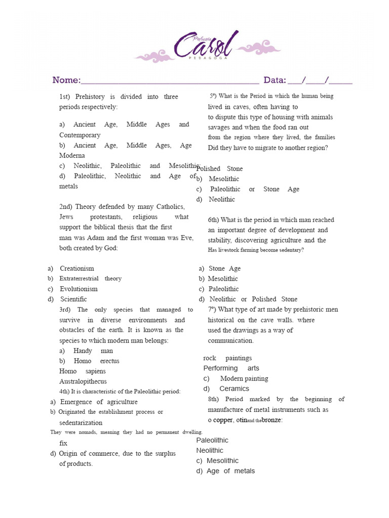 Prehistory Review 6th Grade | PDF | Paleolithic | Neolithic
