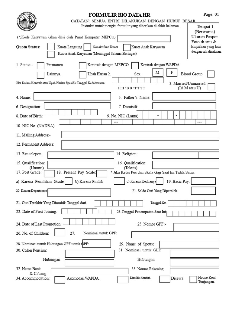 Formulir Bio Data Karyawan MEPCO | PDF