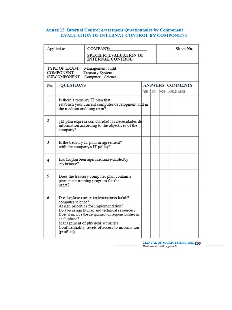 EXAMPLE of Internal Control Questionnaire by Component | PDF | Internal ...