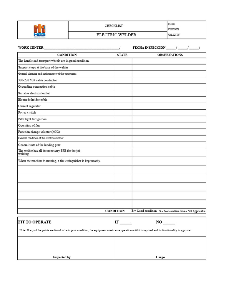 Electric Welder Inspection Checklist | PDF