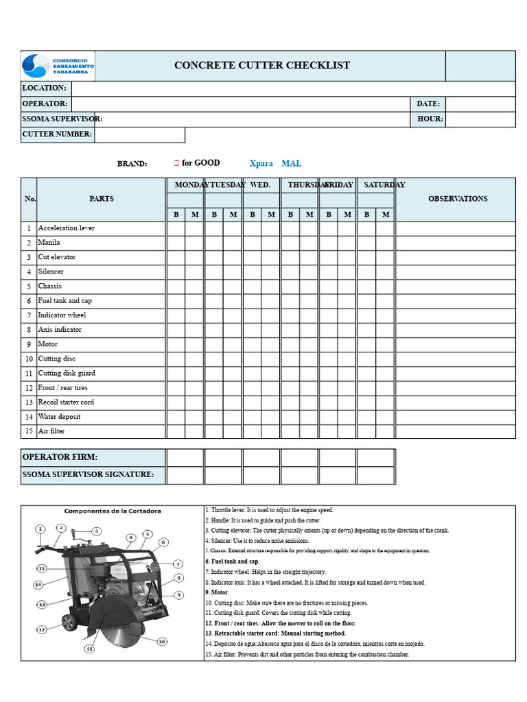 Concrete Cutter Maintenance Checklist | PDF | Engines | Vehicles