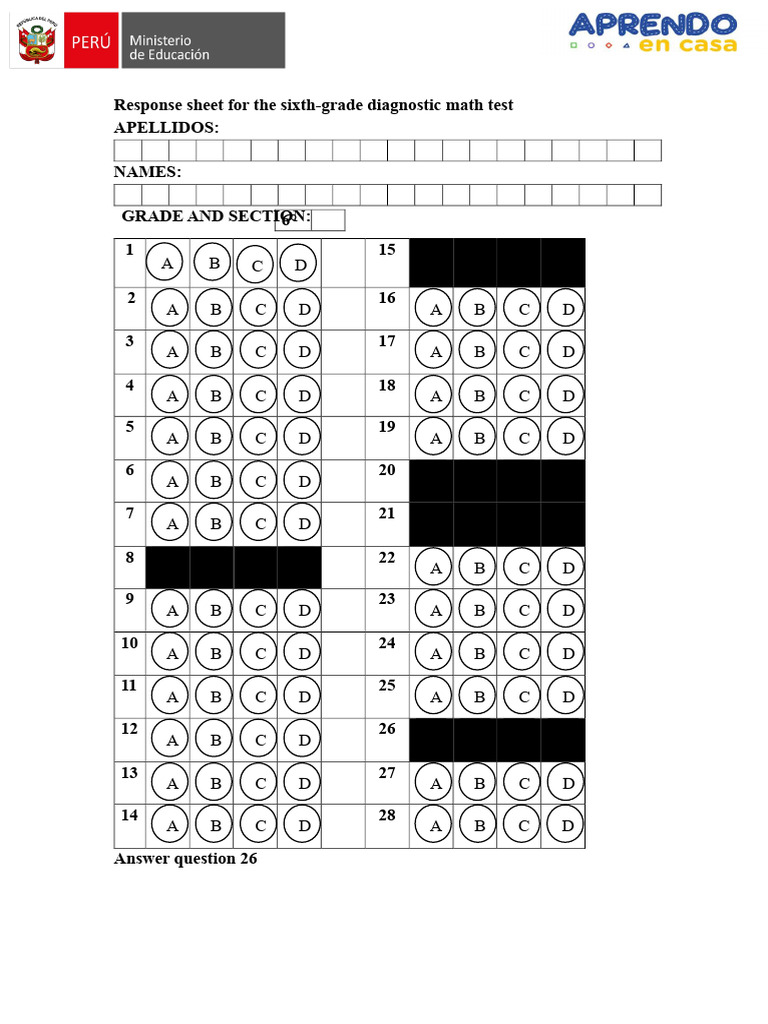 Sixth Grade Math Diagnostic Response Sheet | PDF