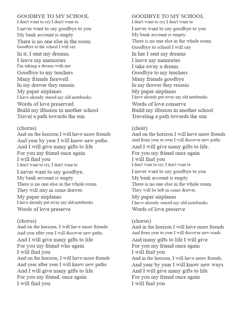 Goodbye To My School Farewell Song | PDF