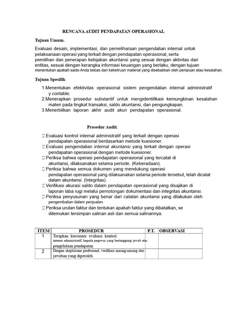 Rencana Audit Pendapatan Operasional | PDF