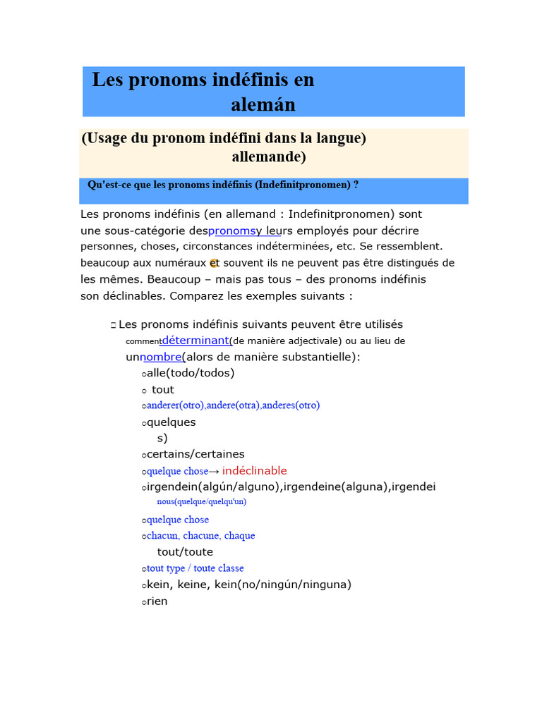 Guide des pronoms indéfinis en allemand | PDF | Pronom | Genre grammatical