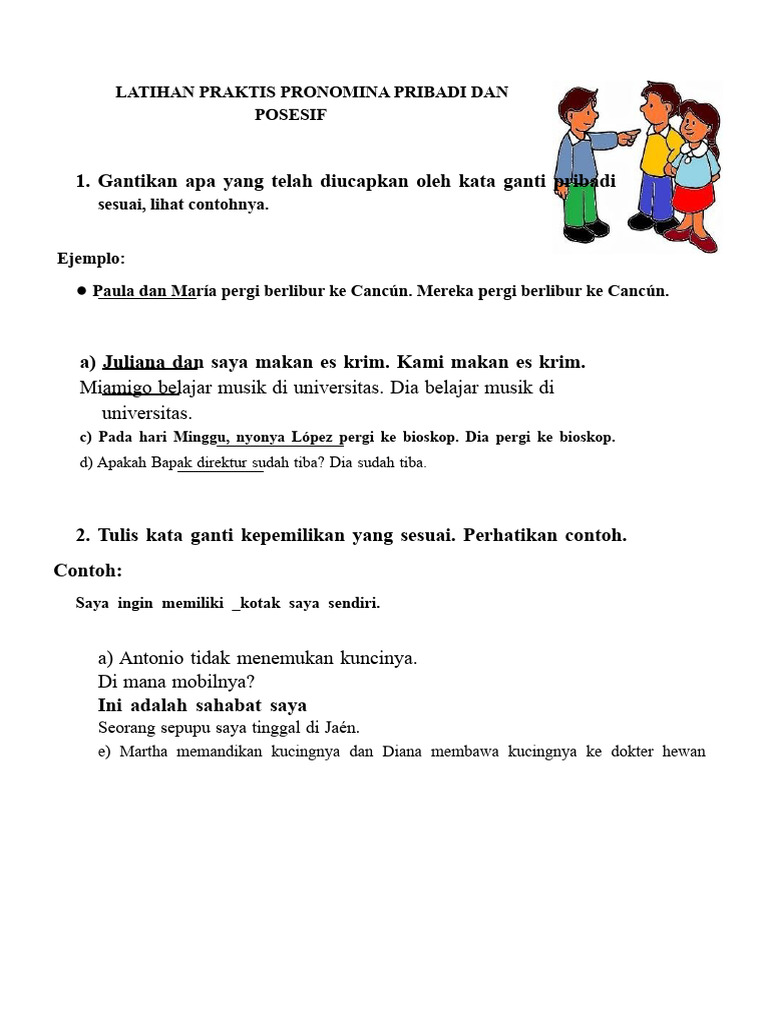 LATIHAN PRAKTIS PRONOMINA PERSONA DAN POSSESSIF (1) | PDF