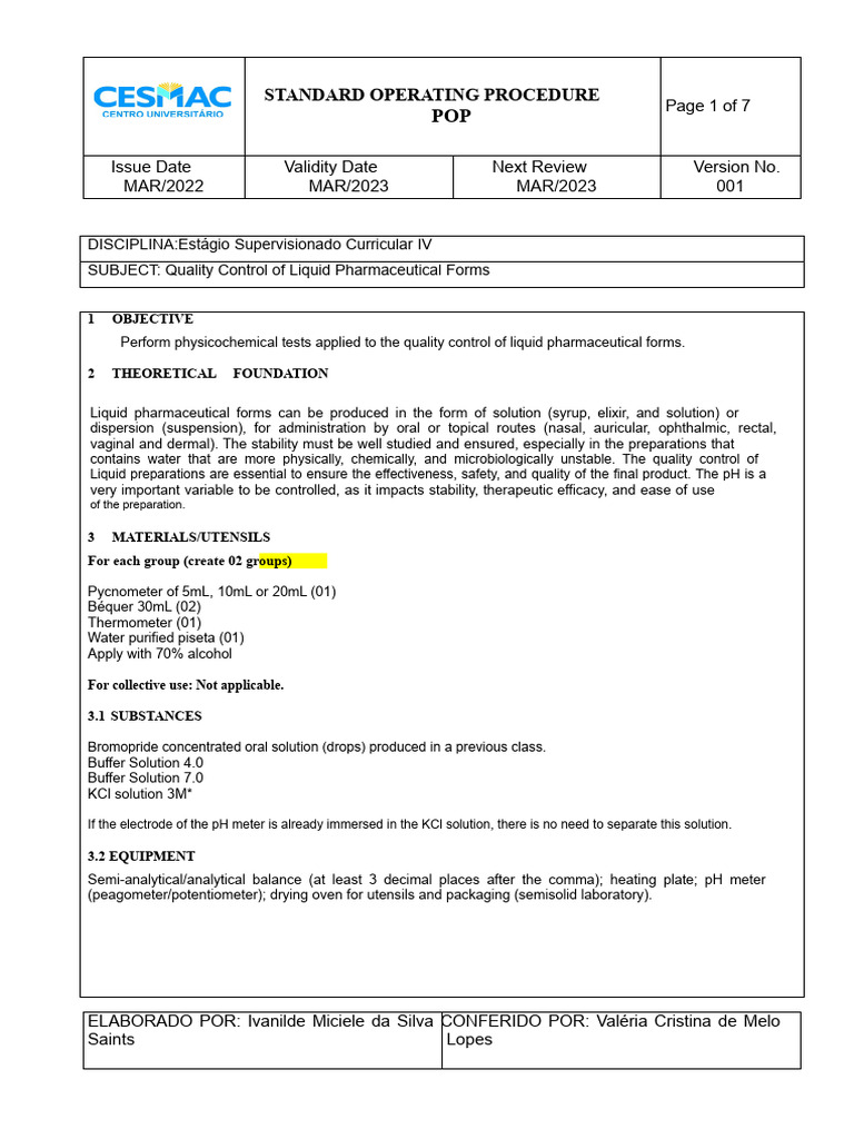 Quality Control SOP for Liquid Pharmaceuticals | PDF | Density | Ph