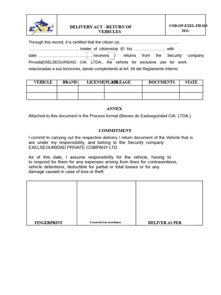 Vehicle Delivery and Return Document | PDF