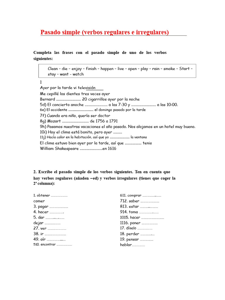 Ejercicios Pasado Simple | PDF | Morfología Lingüística | Tipología Lingüística