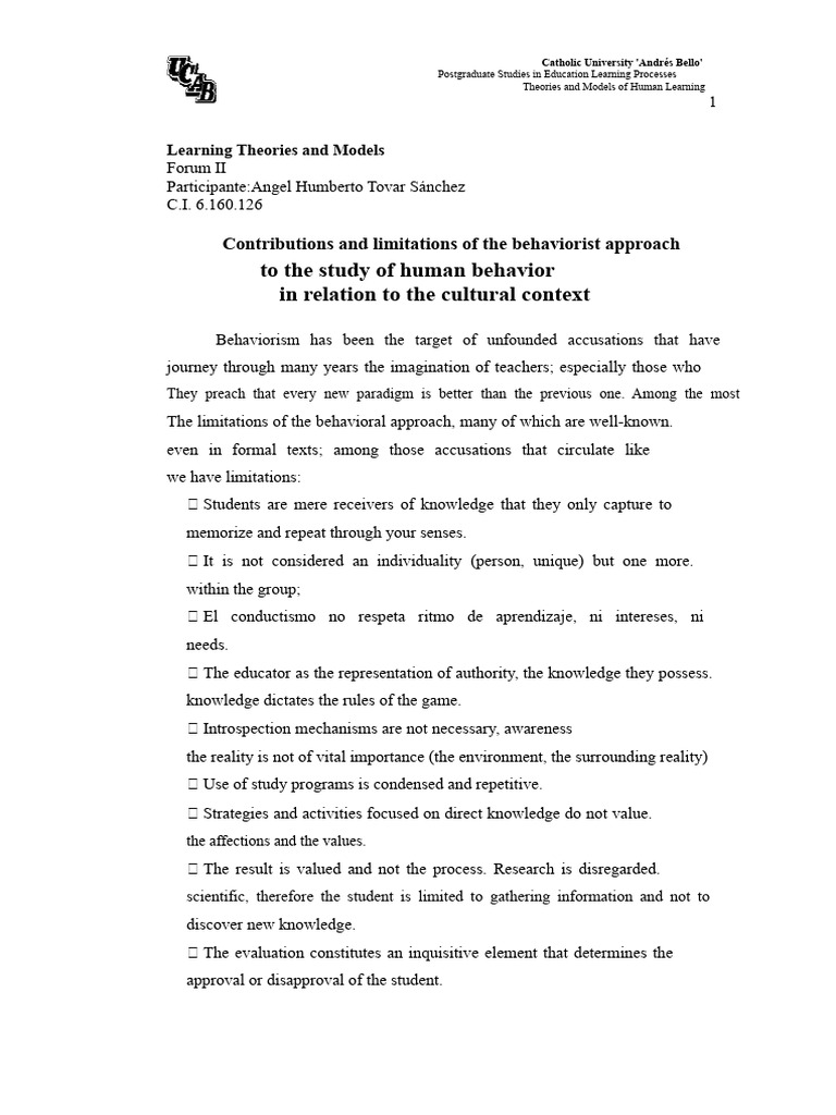 Limitations of Behaviorism in Education | PDF | Behaviorism | Learning